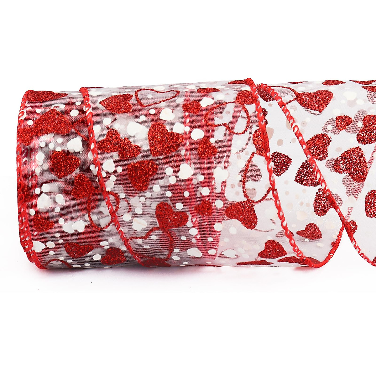 Valentine's Day Ribbons for Wreath Bows Wrapping Gifts, Organdy Heart Ribbons for Valentine's Day Wedding Decoration DIY Crafts, 2.48" X 10 Yards Wired Edge Burlap Ribbon