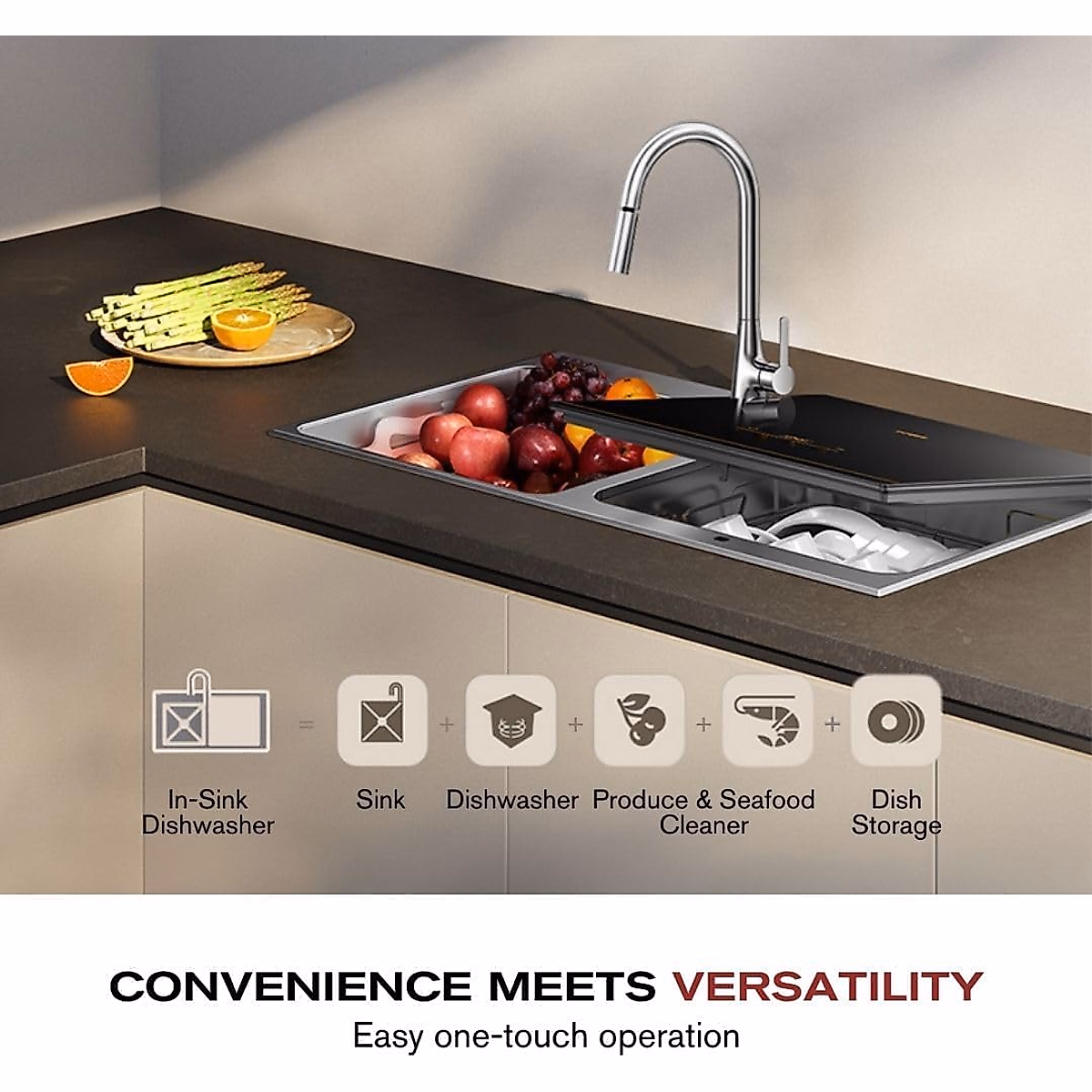 FOTILE SD2F-P5L 3-in-1 In-Sink Dishwasher & Kitchen Sink Combo with 360° Cleaning, Produce Wash, Child Lock, Energy Efficient for Space-Saving Hygienic Kitchen Solutions (Dishwasher on the Left)