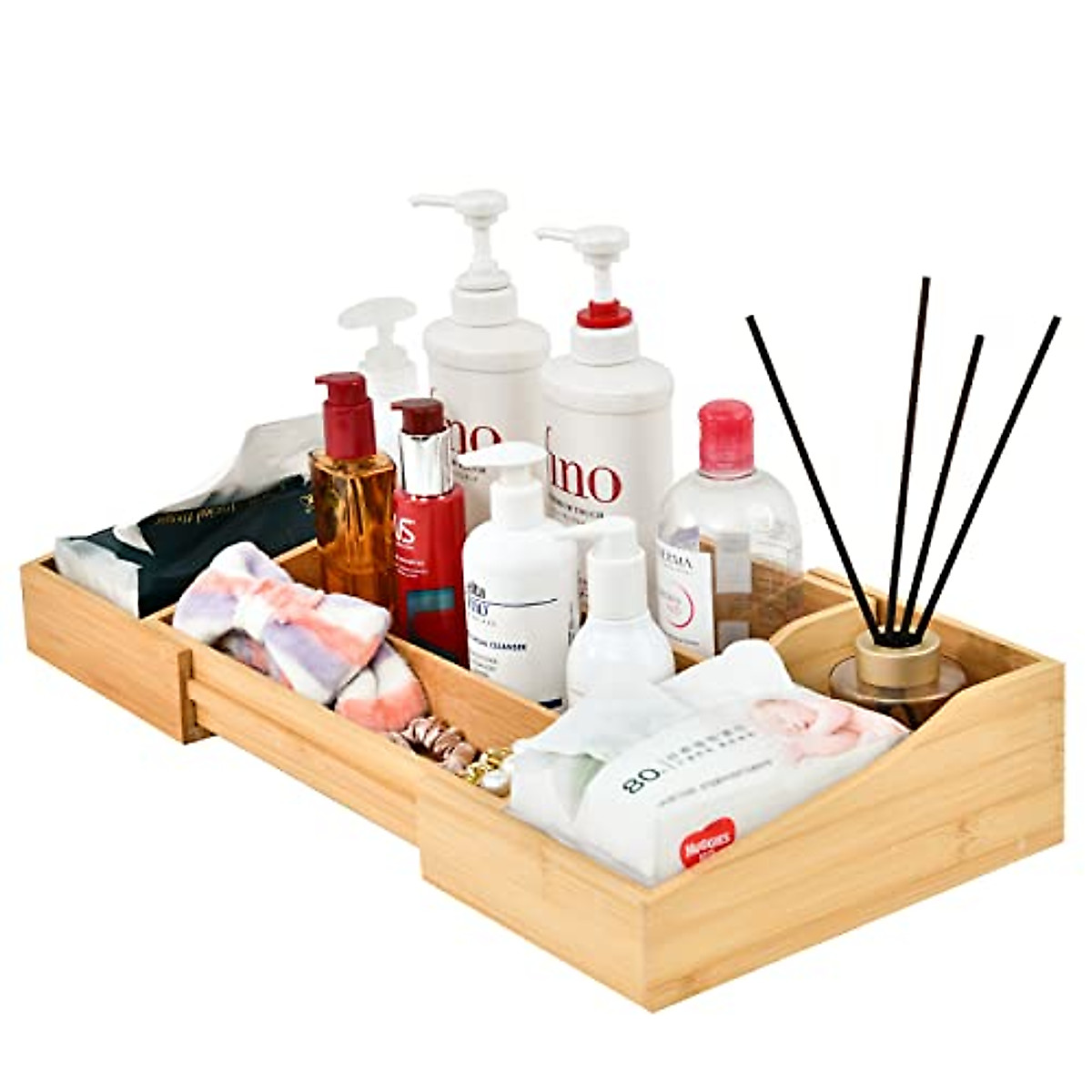 SZMJ-SN Bamboo Wood Countertop Organizer Bin Storage Box, Expandable 13.8"-22.8", for Organization Kitchen, Bathroom, Pantry, Office, Etc