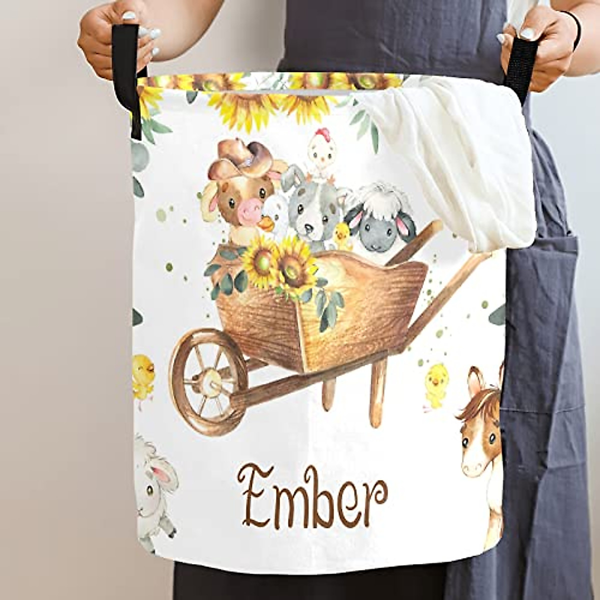 Sunflower Farm Animals Personalized Laundry Basket Clothes Hamper with Handles Waterproof,Custom Collapsible Laundry Storage Baskets for Bedroom,Bathroom Decorative Large Capacity