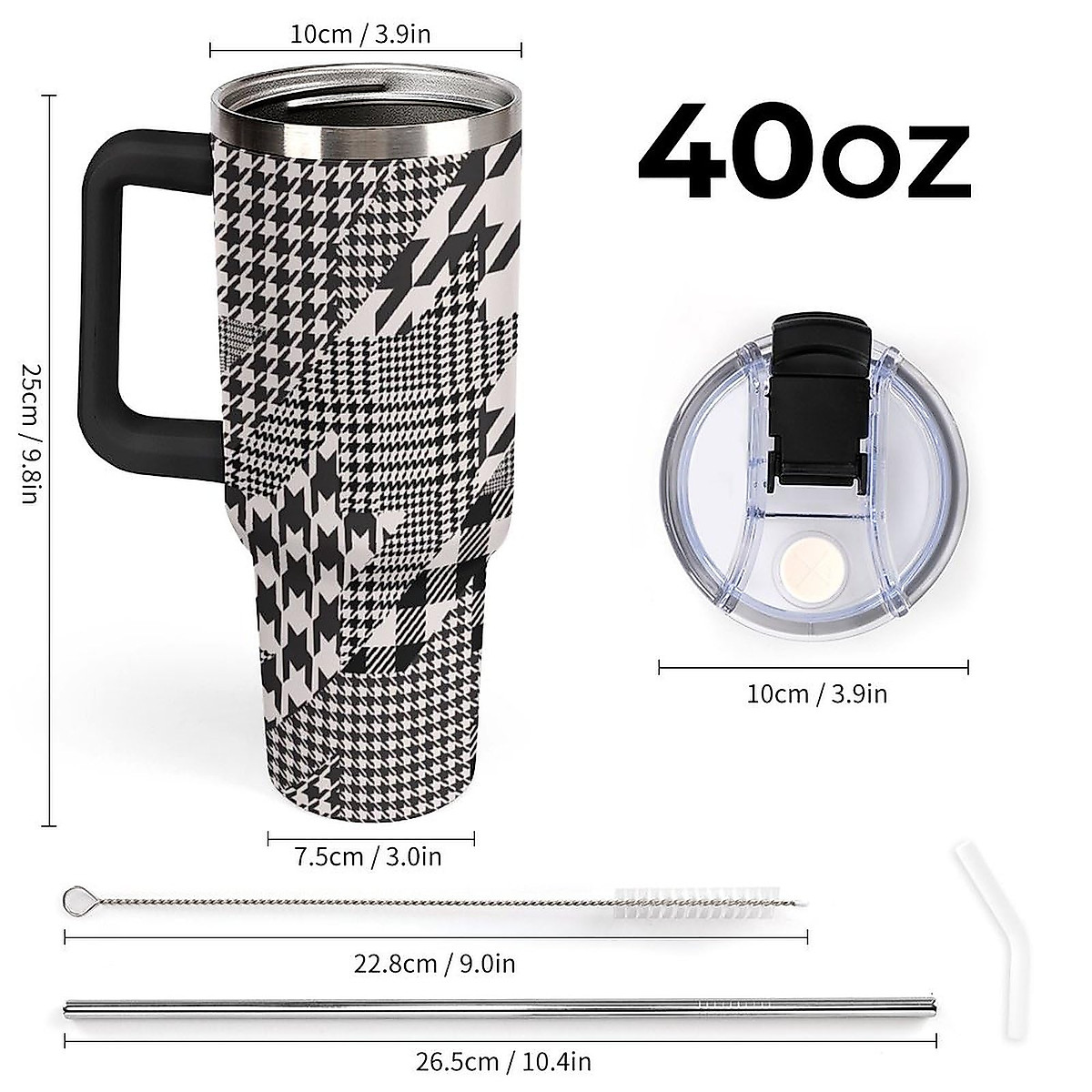 Niapessel Leak Proof Tumbler, Insulated Water Bottles with Straw, Houndstooth Black White Insulated Cup with Handle 40 Oz Stainless Steel Flask for School, Travel, Car, Sports, Work