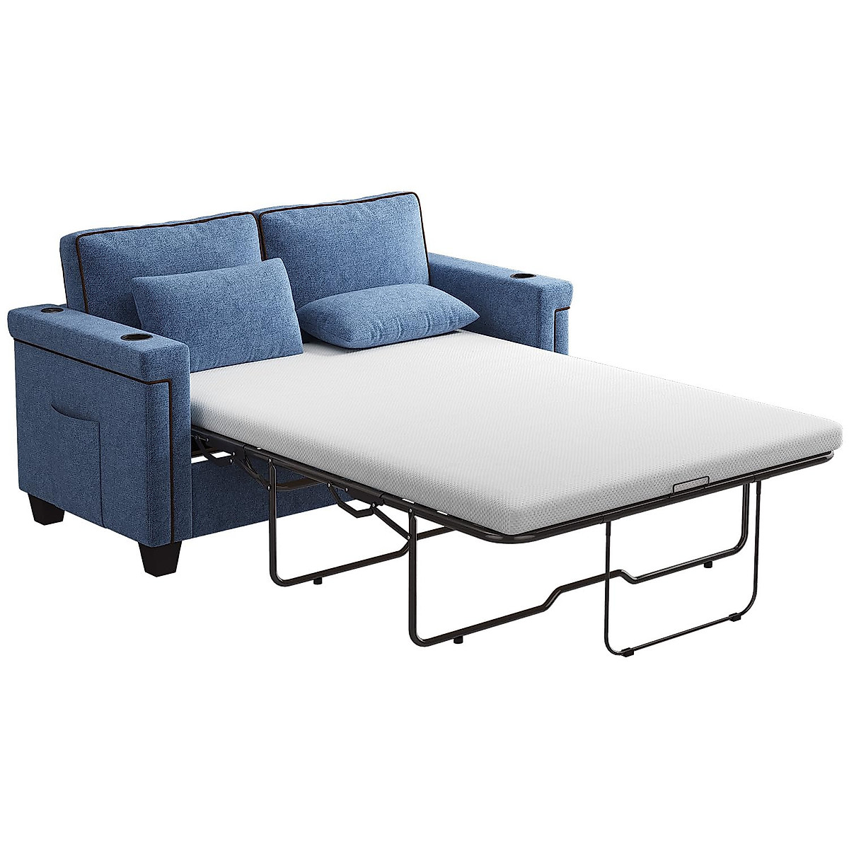 Fadware Pull Out Sofa Bed, Twin Size Sleeper Sofa Couch with Memory Foam Mattress, 2 in 1 Convertible Pullout Couch Bed with USB Charging Ports for Compact Living Space, Apartment, Office, Blue