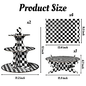 Haooryx 7Pcs Checkered Cupcake Stand Set, 2 Black White Checkered 3-Tier Cupcake Tower Cardboard Dessert Holder 1 Round Cake Stand Platters 4 Rectangle Serving Tray for Theme Birthday Party Supplies