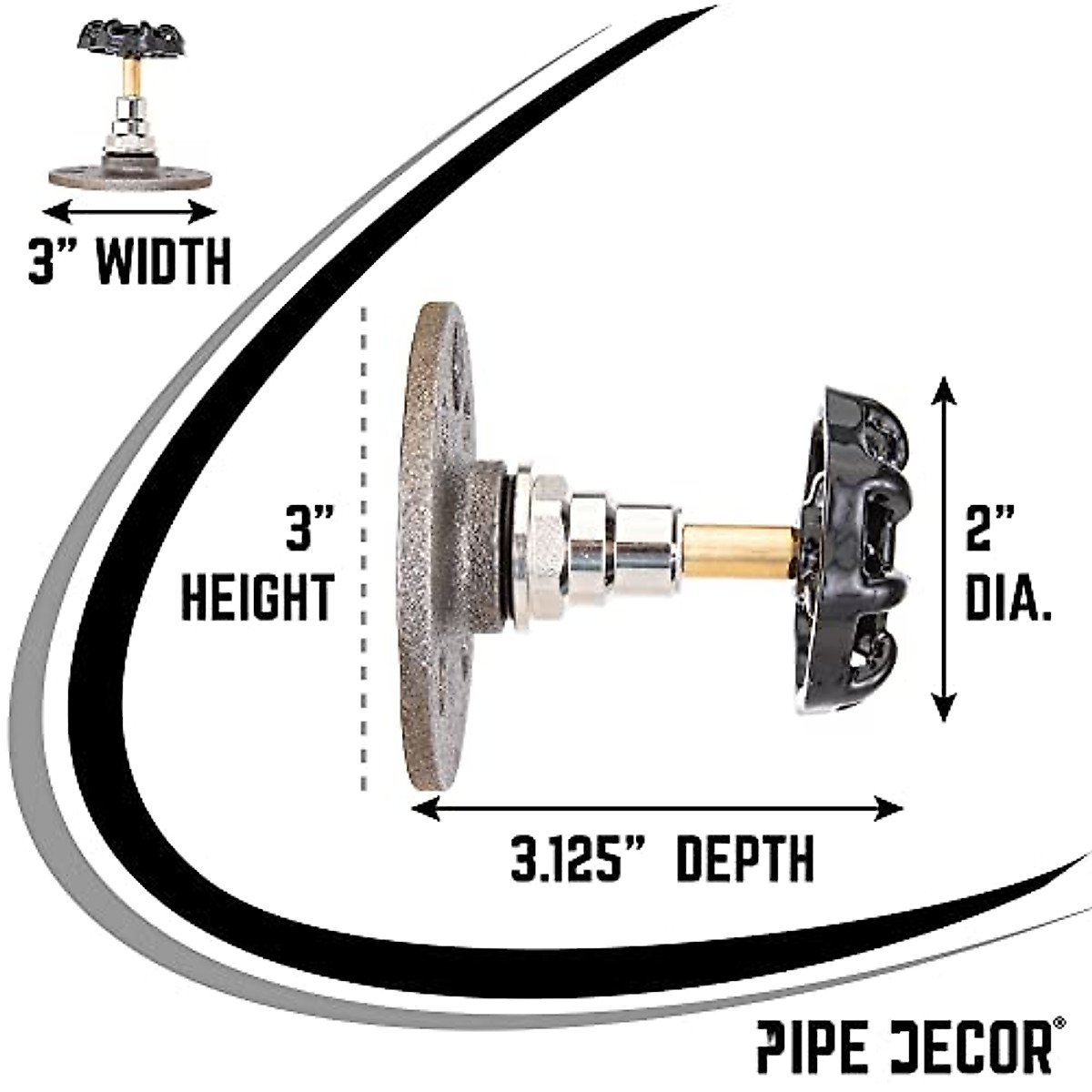 PIPE DECOR Coat Hook Black Industrial Water Spigot Valve Wall Mount with Real Iron Plumbing Flange for Home, Office or Retail Space 2-Pack