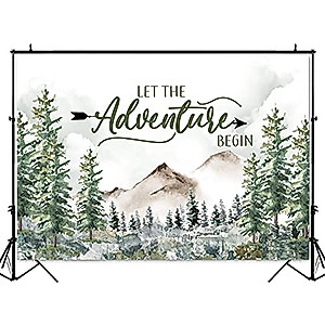 Mocsicka Let The Adventure Begin Backdrop Adventure Awaits Baby Shower Birthday Party Decoration Rustic Forest Mountains Woodland Photography Background (7x5ft (82x60 inch))