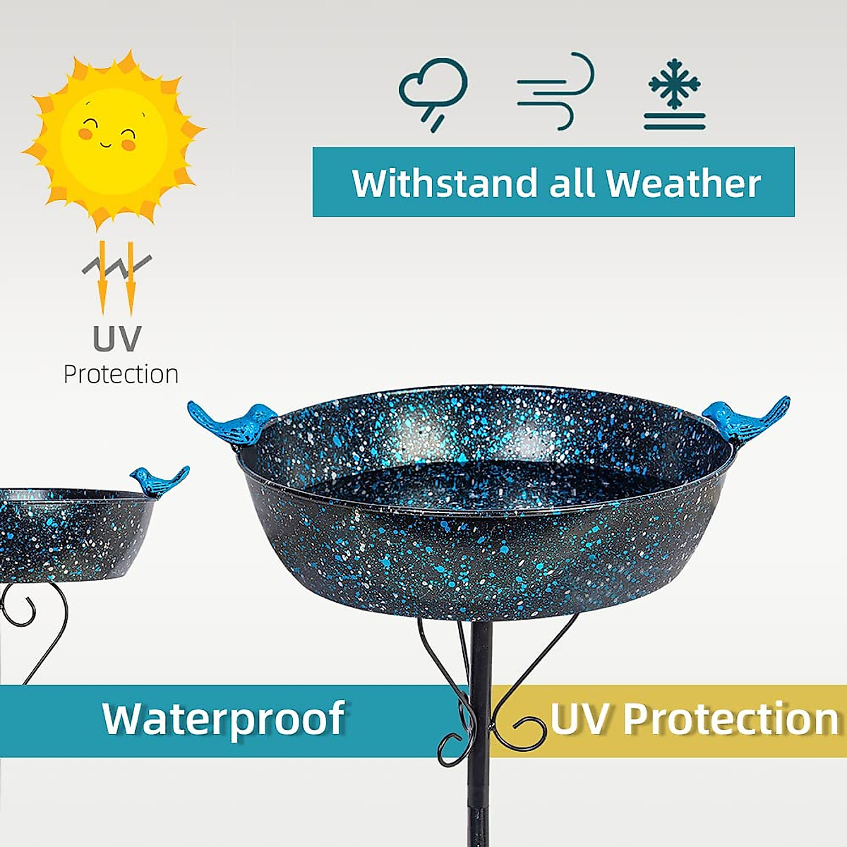 VEWOSTAR Outdoor Garden Bird Bath, Metal Birdbath with Stable Stakes Bird Feeders for Outdoor Yard Lawn Patio (3" Deep*35" Height)