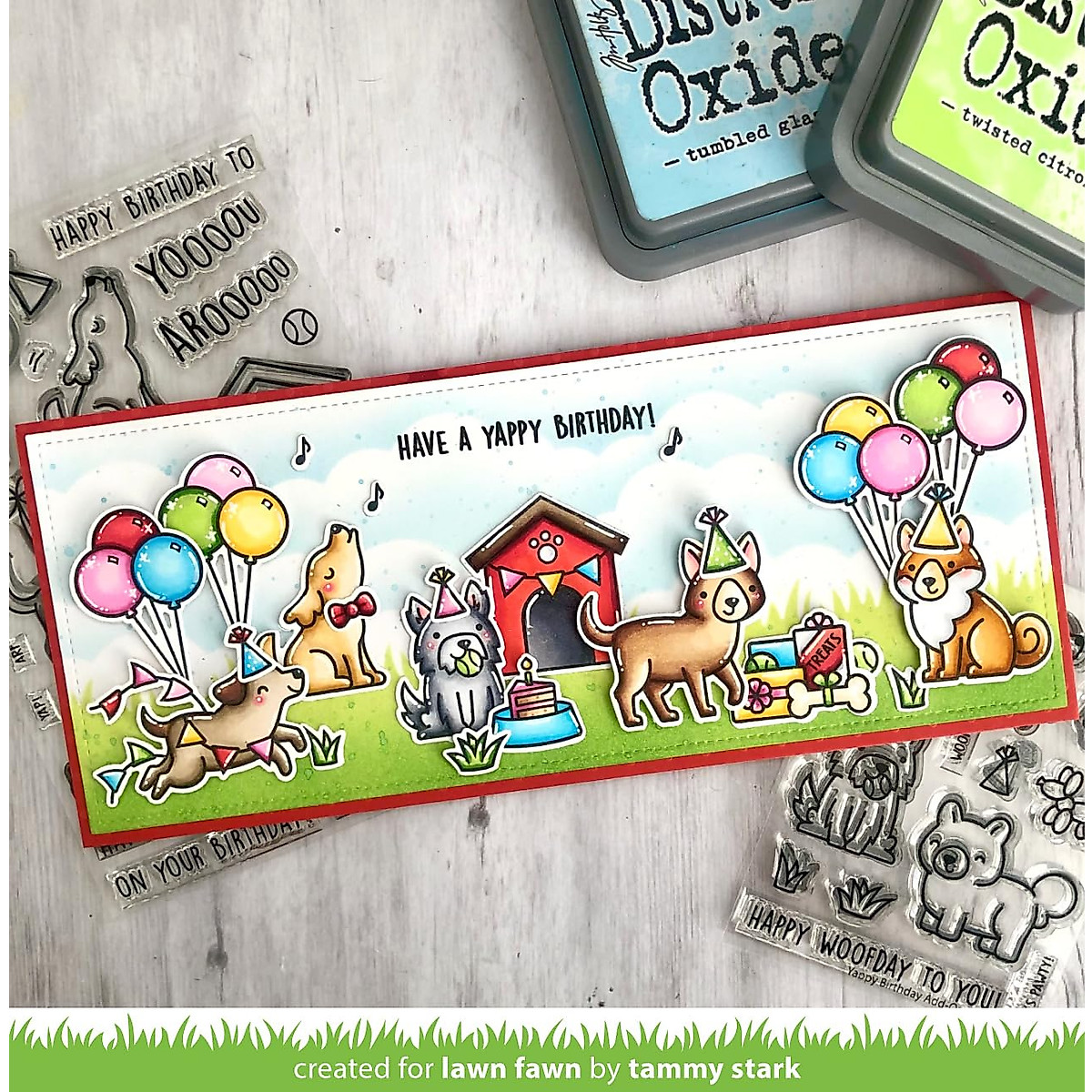 Lawn Fawn Yappy Birthday 4"x6" Clear Stamp Set, Coordinating Die Set, Carnora Storage Pocket, Bundle of 3 Items