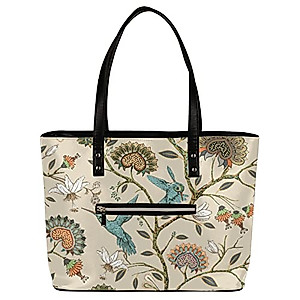 Ethnic Flower Shoulder Tote Bag for Women Girls, Leather Handle Bag Durable Hummingbird Latop Tote Bag With Zipper Pocketfor School Work Travel
