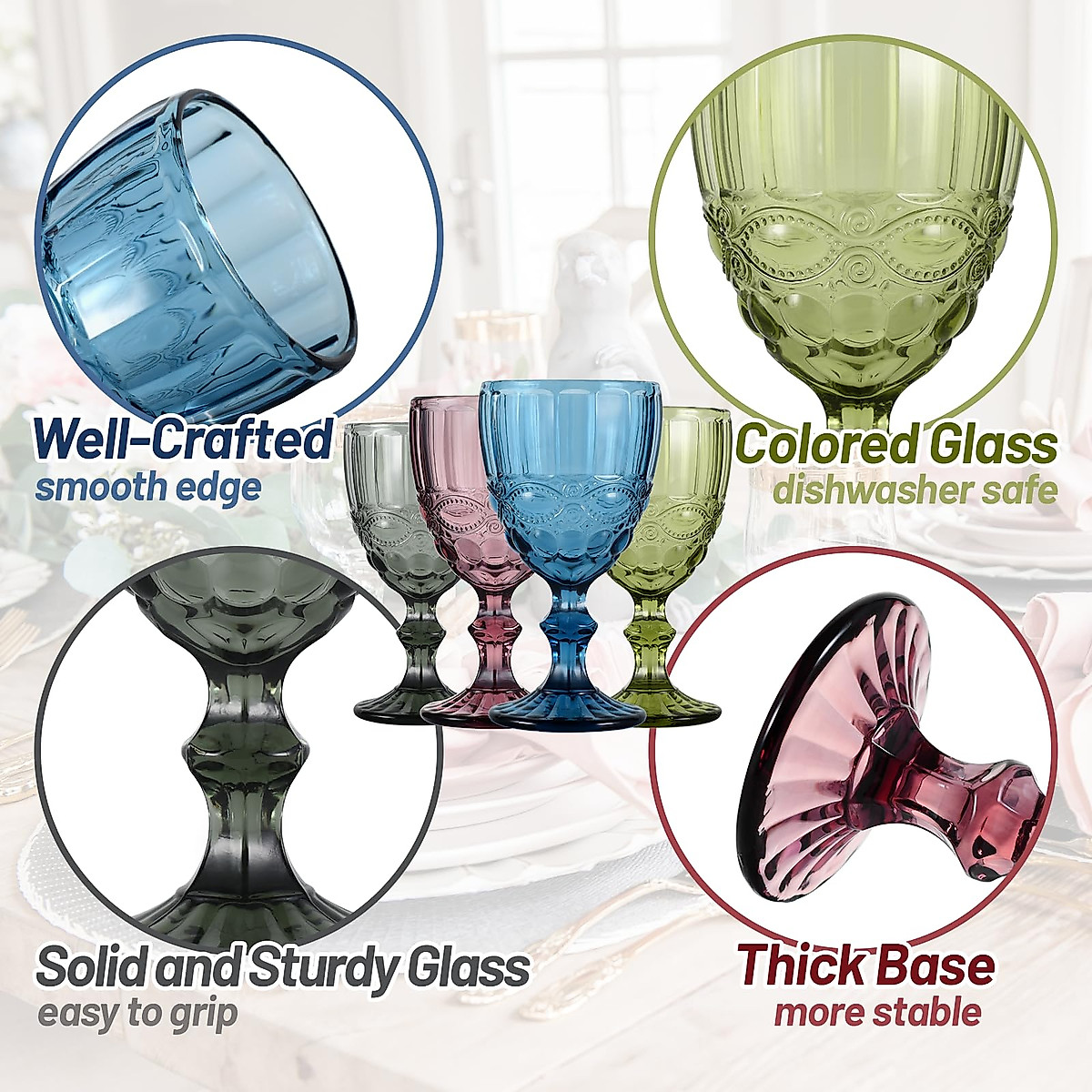 Wongblee Vintage Glass Goblets 10.8 Oz, Embossed Stemmed Glasses, Assorted Colored Drinking Glasses for Wine, Water, Juice, Beverage, Set of 4