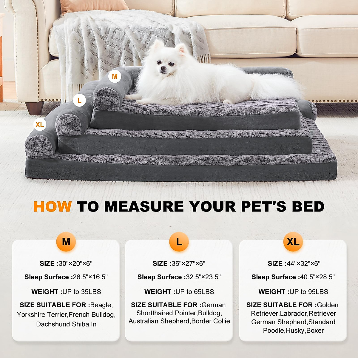 JOEJOY Orthopedic Dog Bed for Extra Large Dogs, Egg Crate Foam Dog Beds with Removable Washable Cover, Cozy Waterproof Lining Bolster Pet Sleeping Beds, Anti-Slip Bottom Dog Sofa Bed 44"x32"