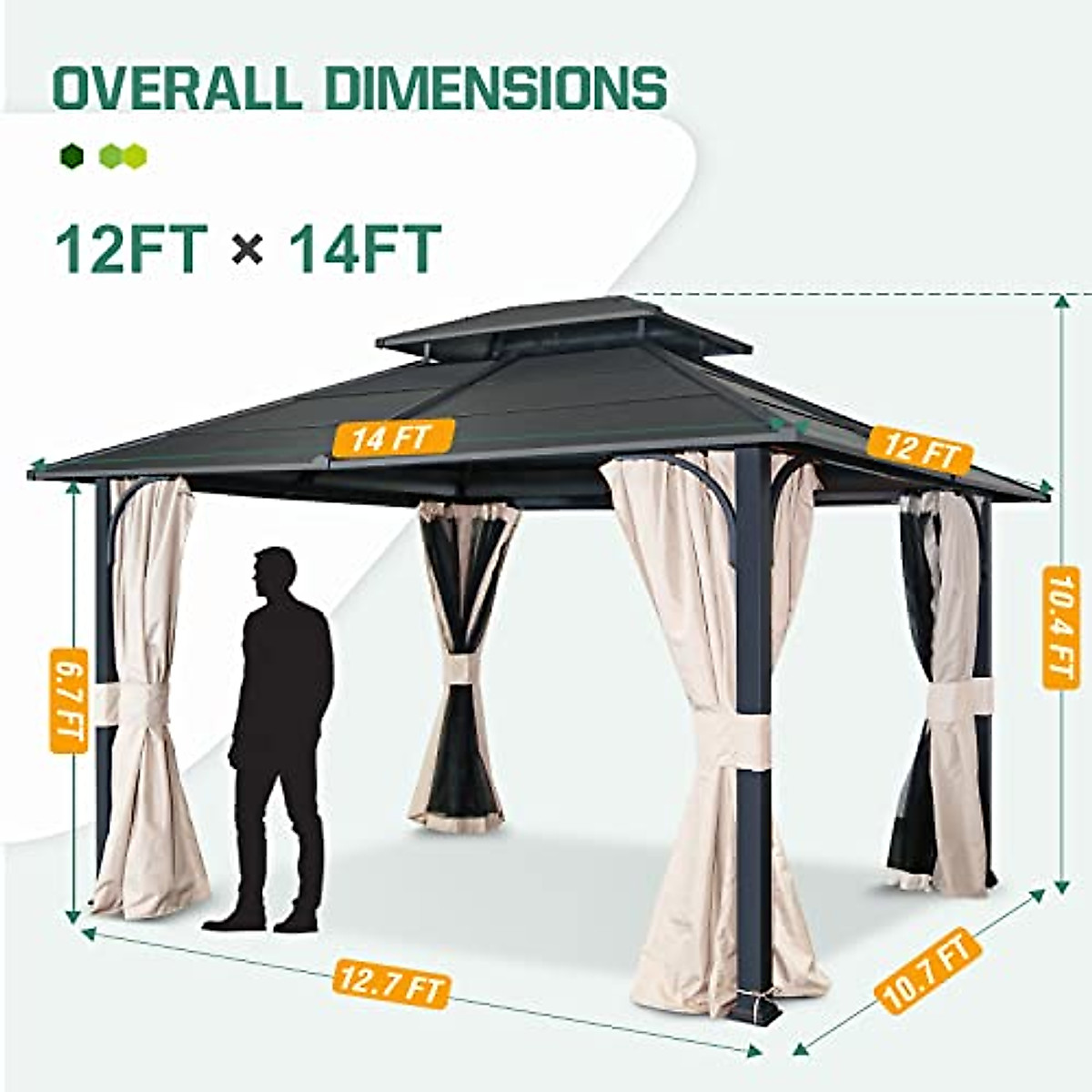 EAGLE PEAK 12x14 Outdoor Steel Frame Hardtop Gazebo Pavilion with Double Roof for Garden, Patio, Lawn and Party, Mosquito Mesh Netting and Light Beige Privacy Curtains Included, Black