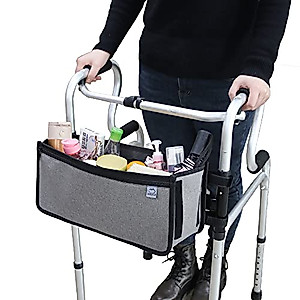 MDSTOP Walker Basket, Walker Bag Water Cup Holder, Foldable Walker Attachment Hands-Free Storage Bag for Elderly, Senior, Large Capacity with Zippered Phone Pocket (Not Fit Rollator Walkers) (Grey)
