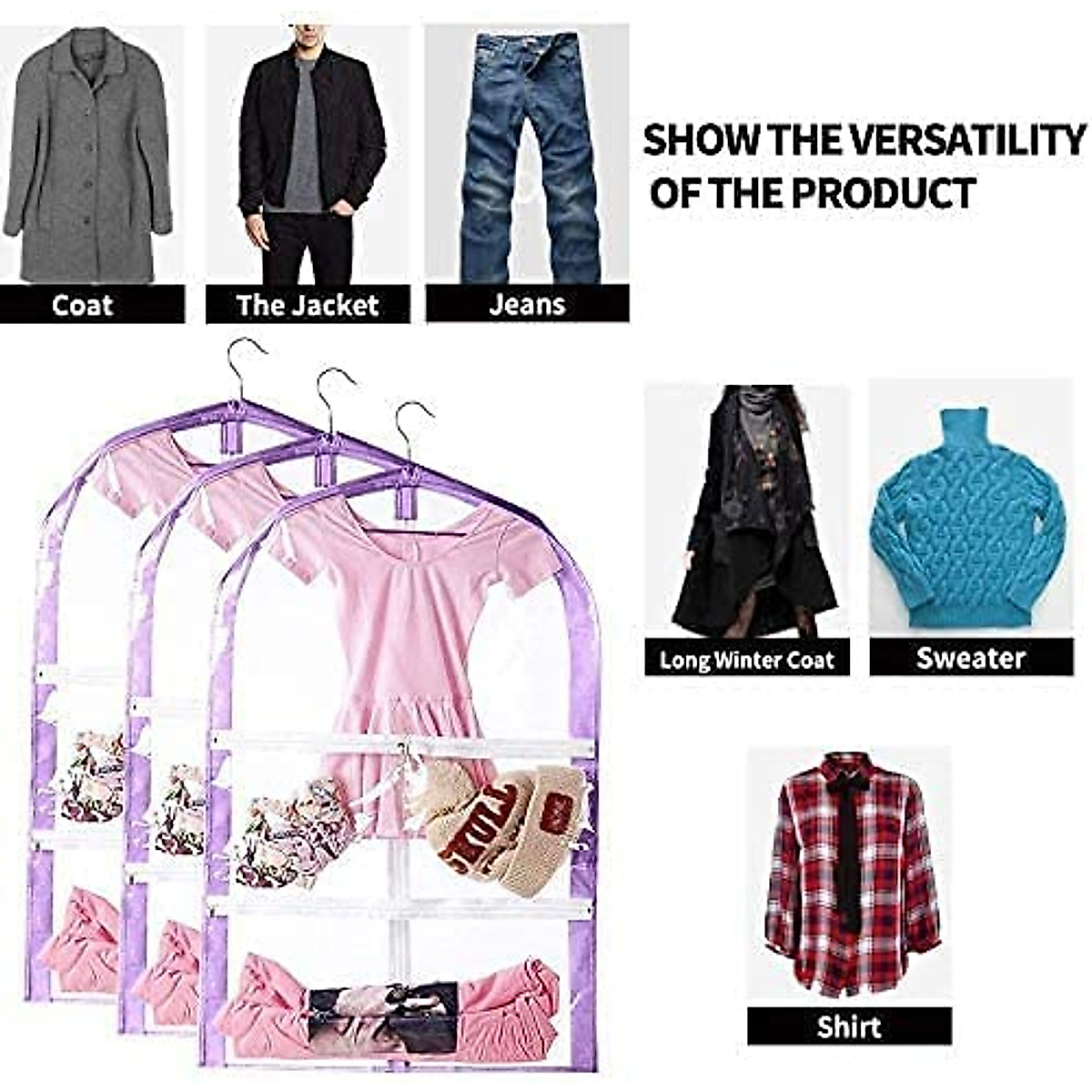 Clear Kids Dance Costume Garment Bag,3 Pack Garment Bags for Hanging Clothes,Garment Bag for Travel Storage,Dress Up Storage Bag for Children Girls