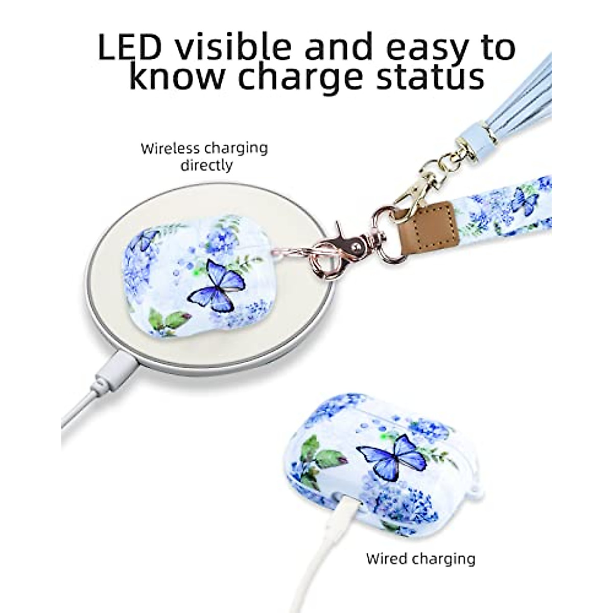 AirPod Pro Case with Wristlet Keychain Wrist Lanyard, OULRAEFS Hard AirPods Pro Case Cute Protective Case Cover with Key Lanyard for Airpods Pro 2019, Gifts for Women Girls, Butterfly