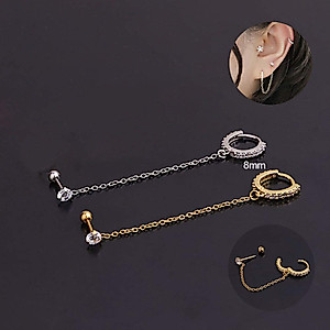 8mm CZ Small Hoop Earrings Dainty Clear Crystal Cartilage Stainless Steel 20g Screw Back Threader Chain Drop Dangle Stud Delicate Double Holes Cuff Wrap Crawler Climbers Hypoallergenic Studs (Silver)