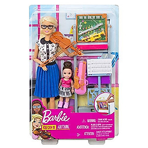 Barbie Music Teacher Doll, Blonde, and Playset with Flipping Chalkboard, Brunette Student Small Doll and 4 Musical Instruments, Career-Themed Toy for 3 to 7 Year Old Kids​​​
