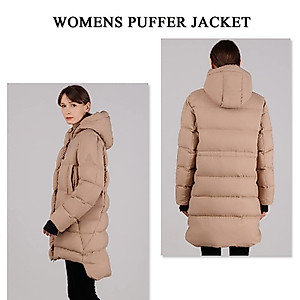iDomosee Women's Winter Hooded Down Jacket - Warm Packable Thickened Puffer Jacket, Long Down Outerwear for Christmas Gift Khaki XXL
