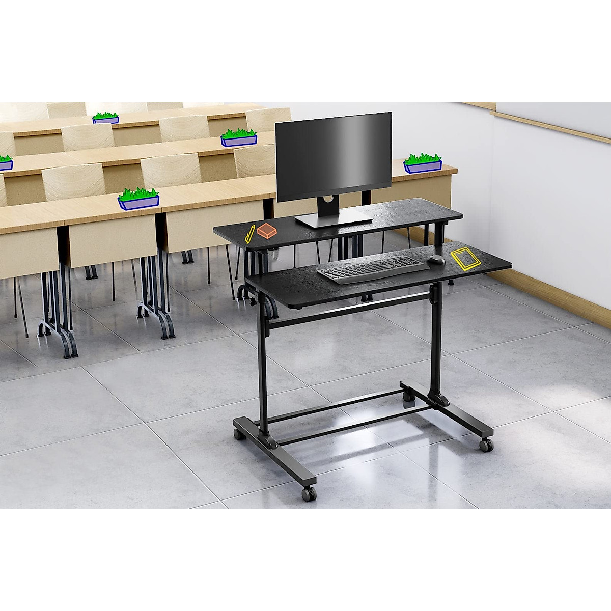 Stand Steady Tranzendesk | Height Adjustable Teacher Desk on Wheels | Mobile Standing Desk with Shelf | Two Level Portable Workstation | Stand Up Desk for Presentations (Black/40x28in)