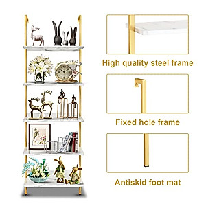 Wolawu 5 Tiers Ladder 2-Piece Shelf White Marble Modern Bookshelf Open Tall Wall Mount Bookcase Standing Leaning Wall Shelves Industrial Decorative