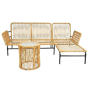 ojhnbvv 3 Pieces Outdoor Patio Wicker Furniture Sets Table and Chairs,L-Shaped Wicker Sectional Sofa with Glass Coffee Table/Detachable Cushion,for Backyard, Porch,Garden