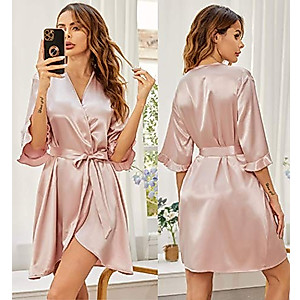 Ekouaer Women's Short Stain Robe Kimono Bathrobe Silk Soft Robe with V-Neck Short Silky Kimono XLarge