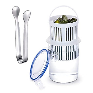 JASREE Pickle Jar with Strainer Insert, Deli Food Storage Containers with Lids and Mini Tong Pickles Flip Jar Pickle Storage Container for Olive Jalapeno Juice Food Storage