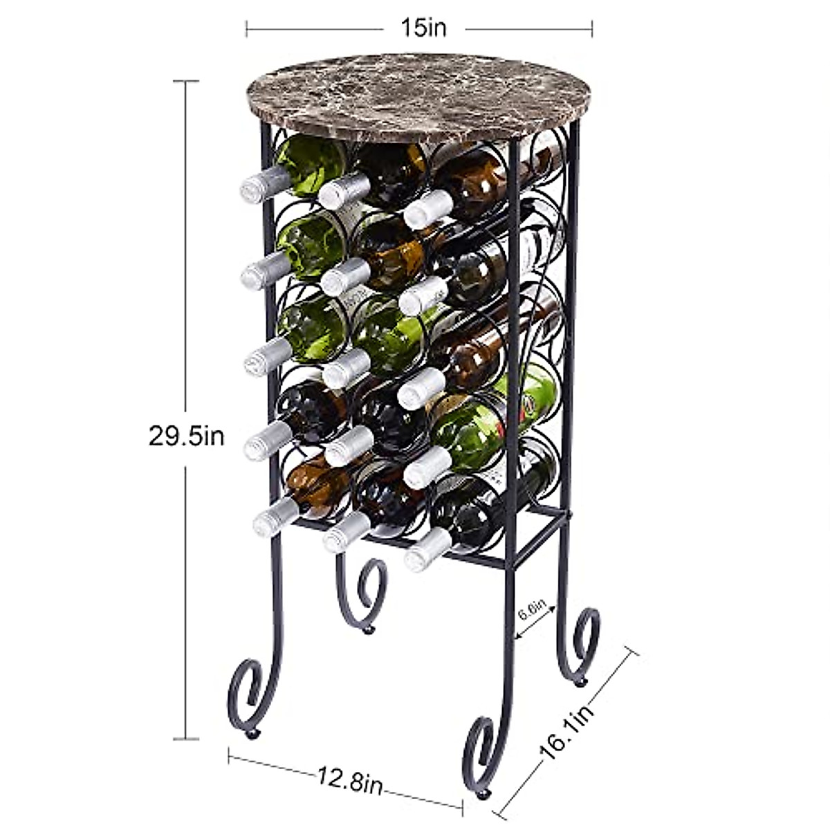 VECELO Metal Wine Rack Console Table, Freestanding Floor Bottles Organizer & Display Shelf with Faux Marble Finish Top, for Bar Kitchen Dining Living Room, Small Spaces, Holds 15, Black