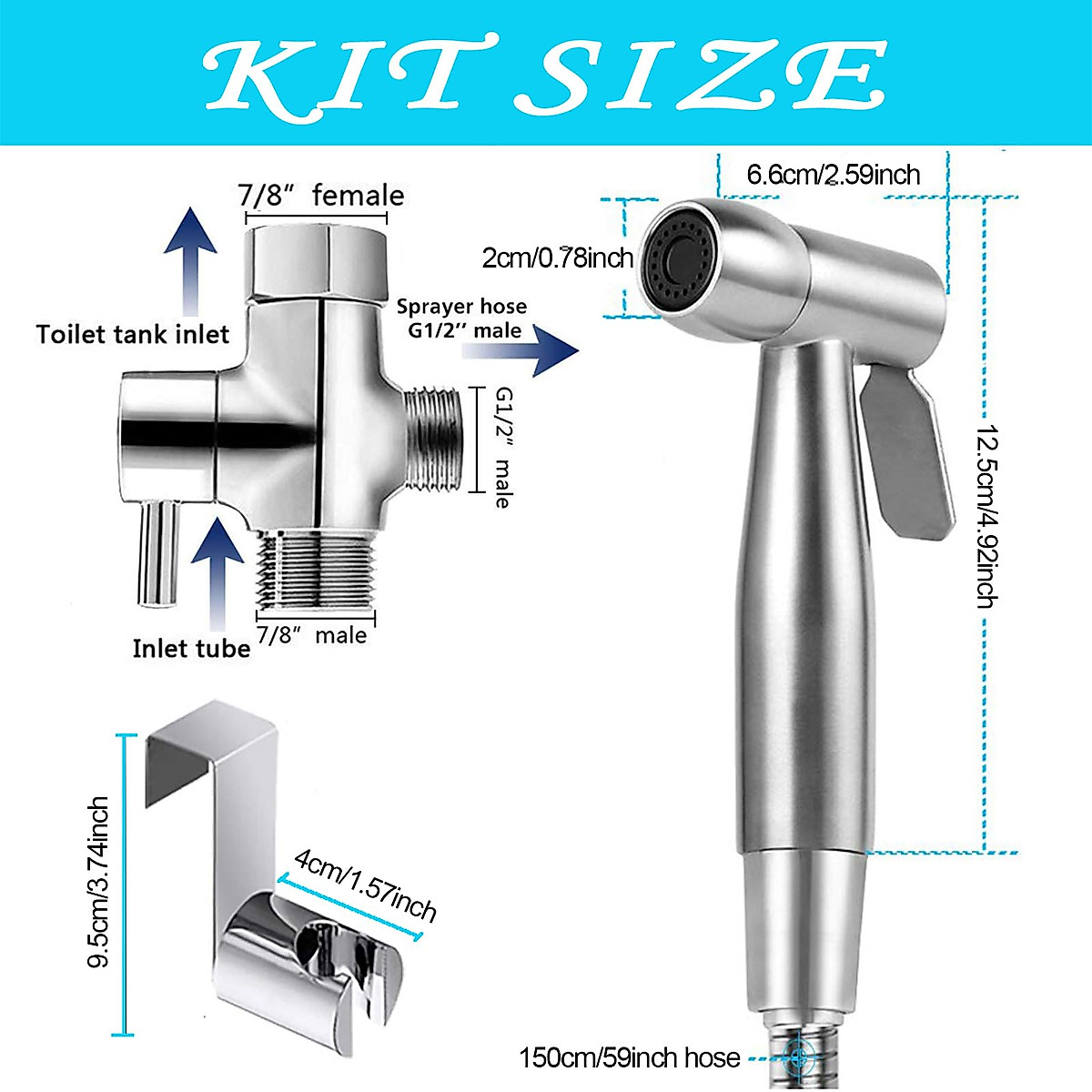 Handheld Bidet Sprayer Kit-Stainless Steel Douche Muslim Shower Spray with Hose Bidet Holder Valve for Toilet Cleaning, Pet Bath, Personal Hygiene (Includes T-Adapter)