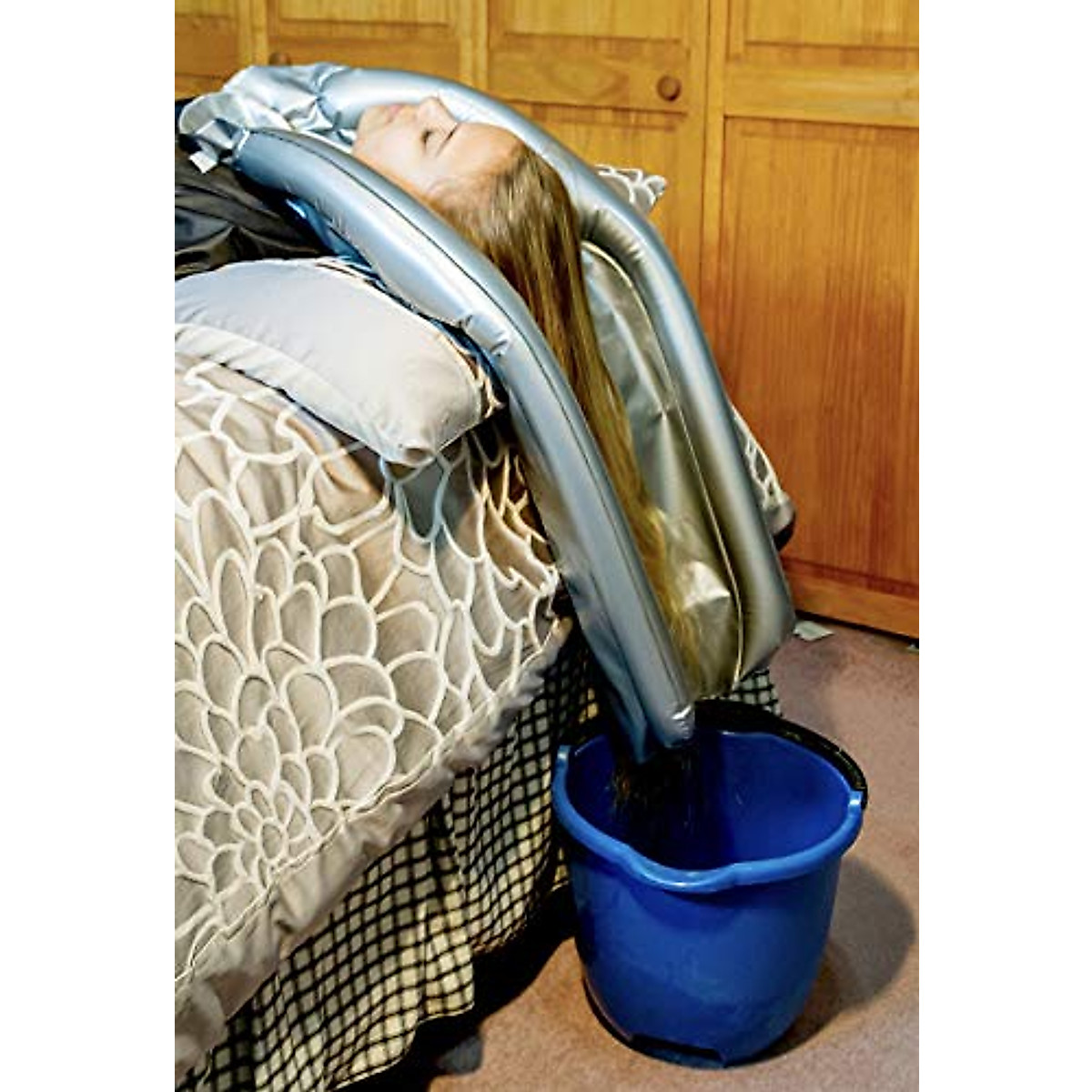 Inflatable Hair Washing Funnel for Shampooing Hair in Any Chair and Basin. Portable Tray Device to Use at Home, in Salon, Nursing Home or Hospital Cape to Help Keep Clothes Dry Pump Included!