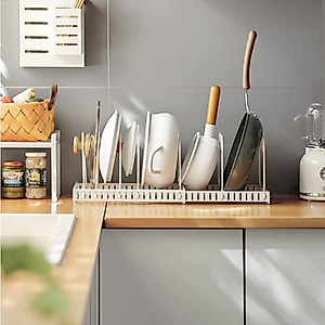 Rerii Pan Organizer Rack for Cabinet, Expandable Pots and Pans Organizer Rack, Cutting Board Pot Lid Holder Dish Drying Racks with 10 Adjustable Dividers for Kitchen Counter