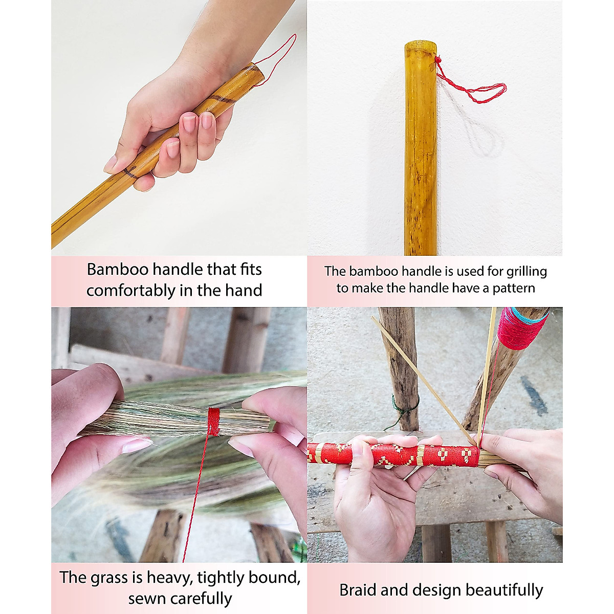 Indoor Grass Broom 40 Inch with Bamboo Handled Brooms for Floor Cleaning, Smooth & Hard Floor - Sweeping Tool Unique Handmade Craft Broom Design for Home, Kitchen, Office, Courtyard, Tiled Floor