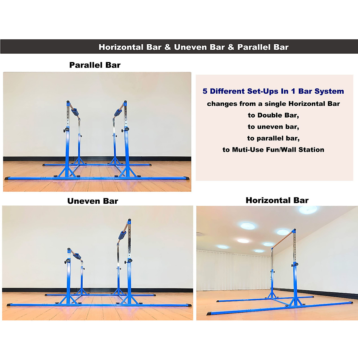 MARFULA Gymnastics Double Horizontal Bars 3Play Parallel Bars Uneven Bars Gymnastics Training Kip Bar with 304 Stainless Steel Regulating Arms & Fiberglass Rail for Indoor Outdoor Home Club Use