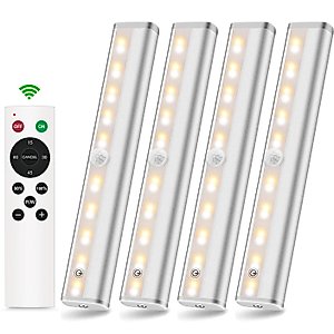 SZOKLED Under Cabinet Lights Battery Operated, Remote Control Closet Light 20-LED, Wireless Counter Lighting, Stick on Touch Night Light for Kitchen Hallway Stairs, Timing & Dimmable, 4 Pack