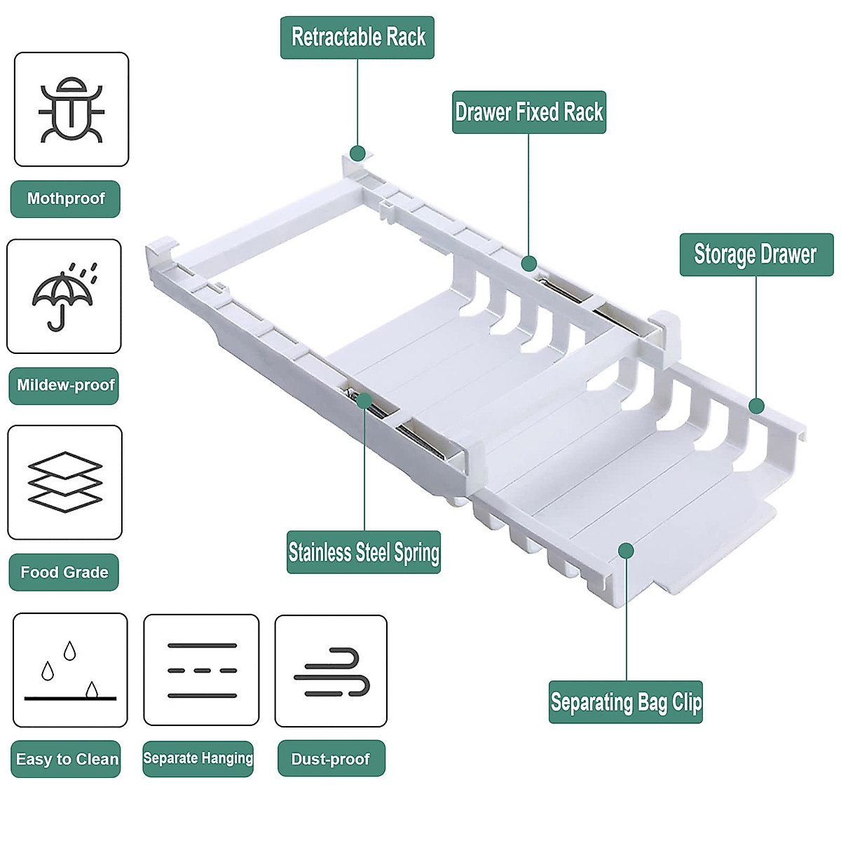 SZHTSWU Refrigerator Ziplock Bag Storage Rail Rack, Hanging Storage Clip Sliding Rail Tray Retractable Fridge Drawer Storage Organizer with 20 Sealed Bags for Fruits Vegetable Food Fresh-Keeping