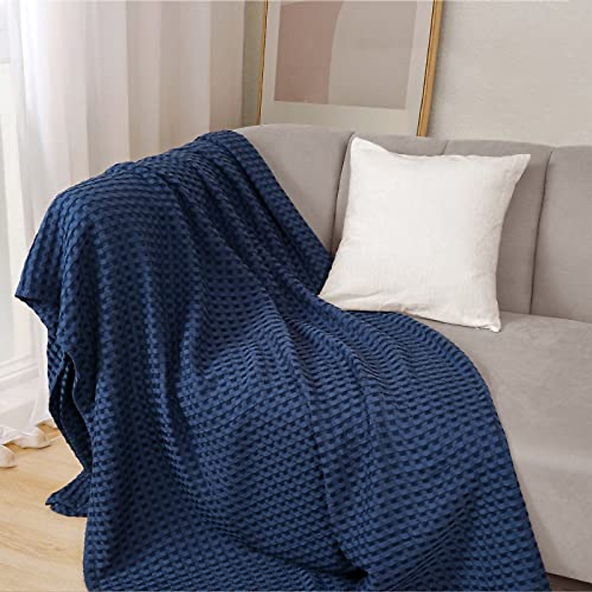 PHF Cooling Waffle Blanket, Queen Size, Lightweight, 60% Rayon from Bamboo & 40% Cotton, Breathable, Ultra Soft & Luxury, 90"x90", Blue