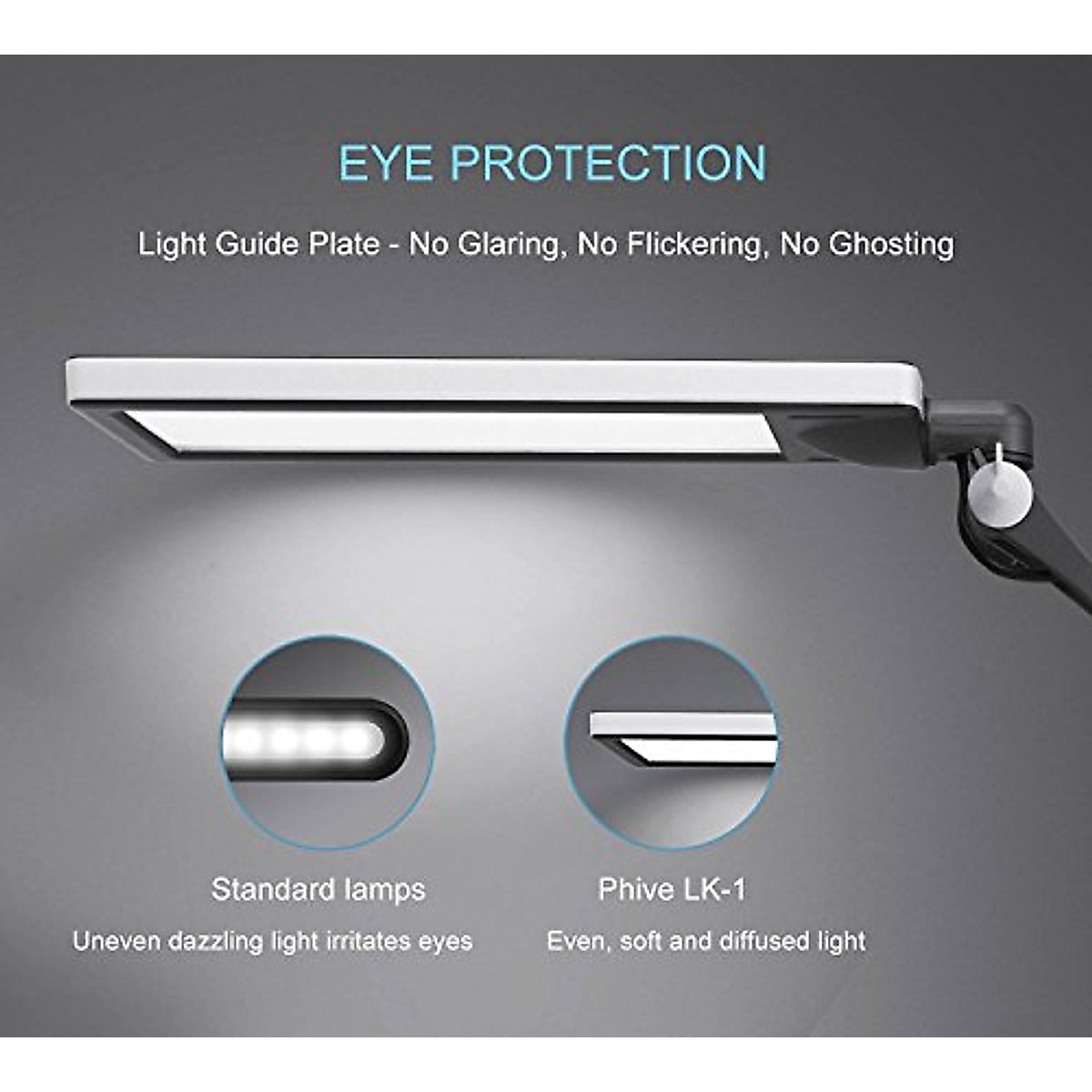 PHIVE LK-1 Metal Architect Swing Arm LED Desk Lamp / Table Lamp with Clamp (Eye-Care Technology, Dimmable, 6-Level Dimmer / 4 Lighting Modes with Touch Control, Memory Function) Task Light