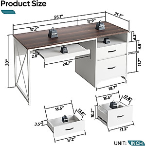 Bestier Office Desk with Drawers, 55 inch Industrial Computer Desk with Storage, Wood Teacher Desk with Keyboard Tray & File Drawer for Home Office, Walnut