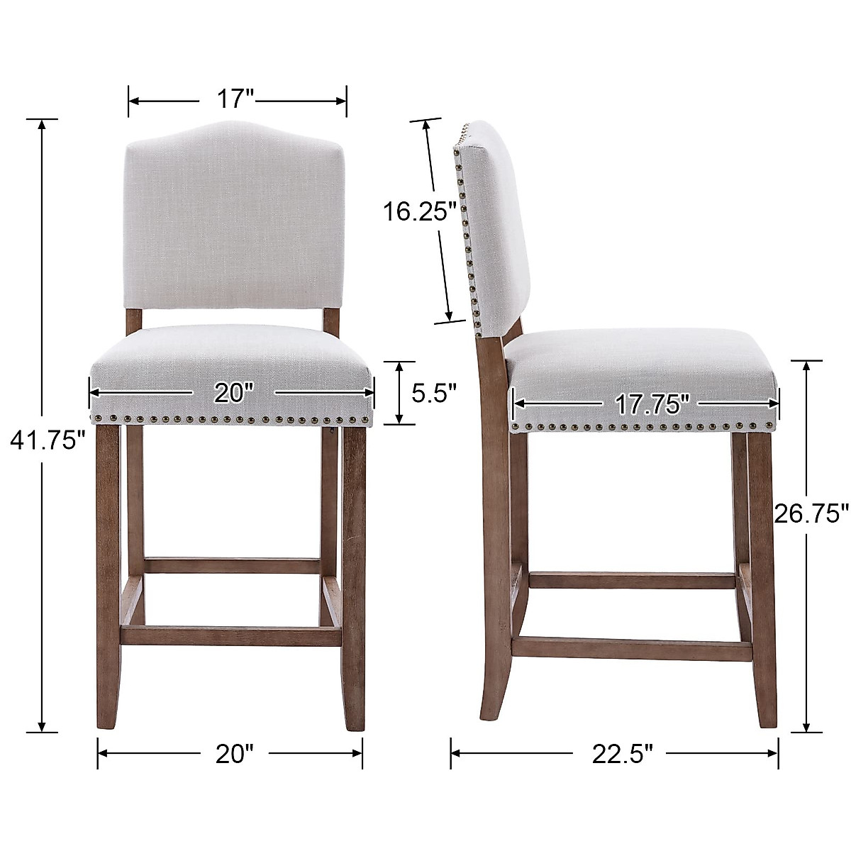 EALSON Farmhouse Bar Stools Set of 2 Bar Height Kitchen Barstools with Back Mid Century Modern Wooden Bar Chairs Linen Upholstered High Counter Stools for Home Bar/Island/Pub, 30 Inch Beige