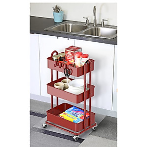 Simple Houseware Heavy Duty 3-Tier Metal Utility Rolling Cart, Red
