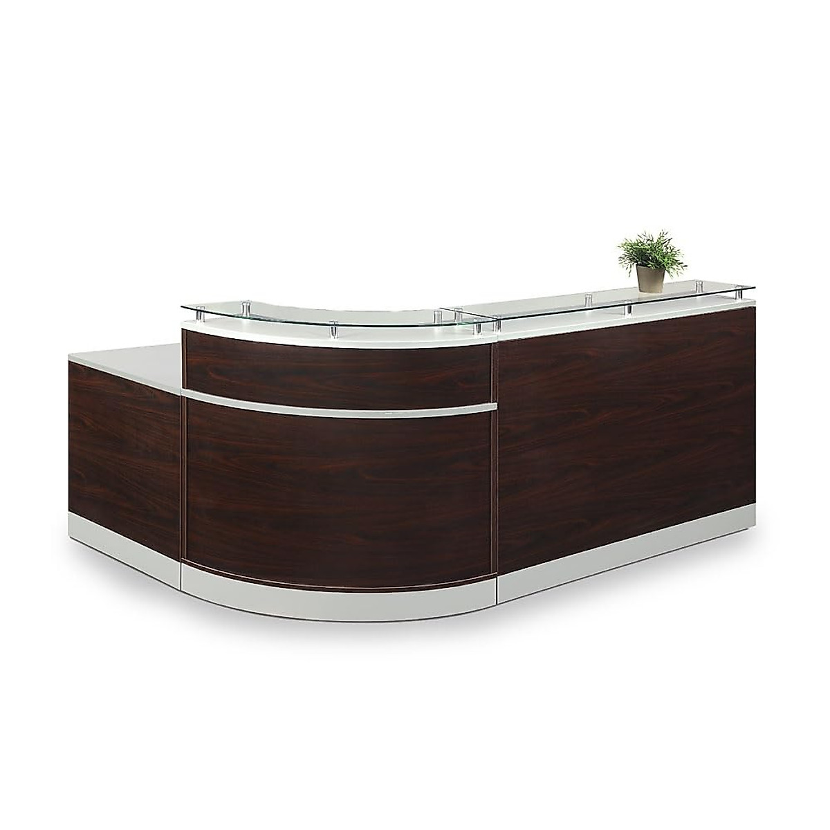 NBF Modern Reception Desk with Counter, Front Desk, Retail Checkout Counter, L Shaped, Office, Lobby, Salon, Store, Curved, 79" W x 63" D, Driftwood