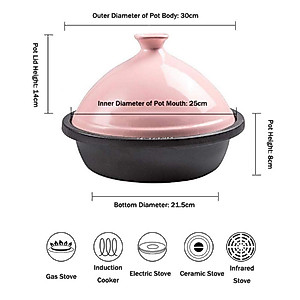 MYYINGBIN 3 Liters Moroccan Tagine Pot Cast Iron Base Ceramic Lid Clay Casserole Suitable for 3-6 People, Pink