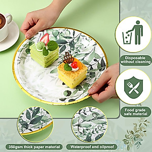 Yungyan 144 Pcs Sage Green Paper Plates with Gold Rim Sage Green Tableware Party Supplies Eucalyptus Dessert Plates Greenery Floral Plates for Baby Shower Bridal Wedding Birthday Party (9 Inch)