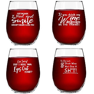 Set of 4 Crude & Rude Funny Wine Glasses (15 oz)- Novelty Glassware Gifts for Women- Hilarious Party, Event, Hosting Fun- Wine Lover Glass w/Funny Sayings- Birthday Wine Gift for Friends- Made in USA