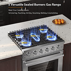 Empava Slide-in & Freestanding Gas Range Stove,4.55 Cu. Ft. Convection Oven Capacity with Mechanical Knobs Control-Heavy Duty Cast Iron Grates 5 Sealed Burners Cooktop, Stainless Steel,30 Inch