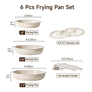 JEETEE Nonstick Frying Pan Set, Non Stick Frying Pans with lid and Detachable Handle, Frying Pan Set with Removable Handle-8 Inch-9.5 Inch-11 Inch, Oven Safe, PFOA Free, Beige