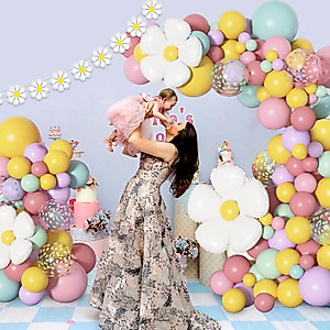 Amandir 162Pcs Daisy Balloon Garland Arch Kit, White Groovy Flower Pastel Balloon Arch Pink Yellow Blue Green Purple Balloons Daisy Banner for Birthday Baby Shower Bridal Wedding
