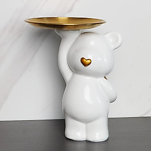 OILISI Jewelry Tray,Ceramic Bear Statues with Gold Dish for Ring Earring Holder,Decorative Tray for Table Bathroom Living Room Entry-way Decoration,Fit for Candy Key Necklaces Lipstick Holder