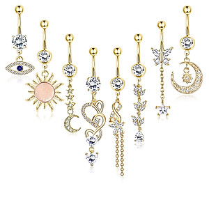 FIBO STEEL 8Pcs Stainless Steel Dangle Belly Button Rings for Women Evil Eye CZ Navel Rings Barbell CZ Body Piercing Jewelry 14G (Gold)