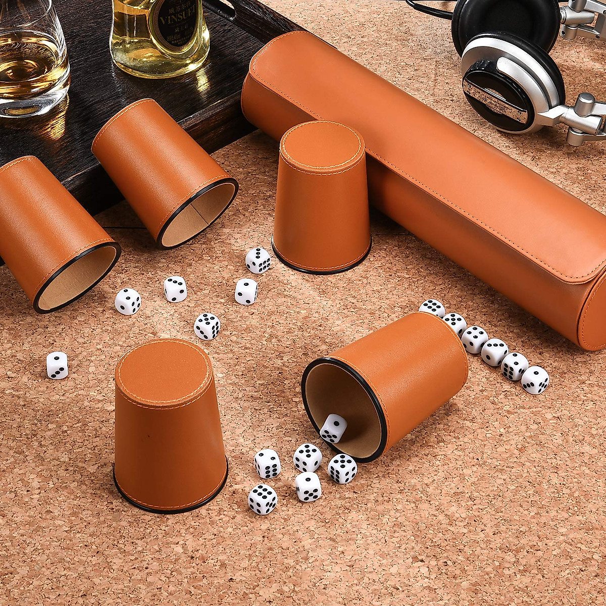 Party Games Leather Dice Cup Set, 5 Leather Dice Cups + 25 Dice + Exclusive Storage and Transport Case Made of Faux Leather with Magnetic Closure