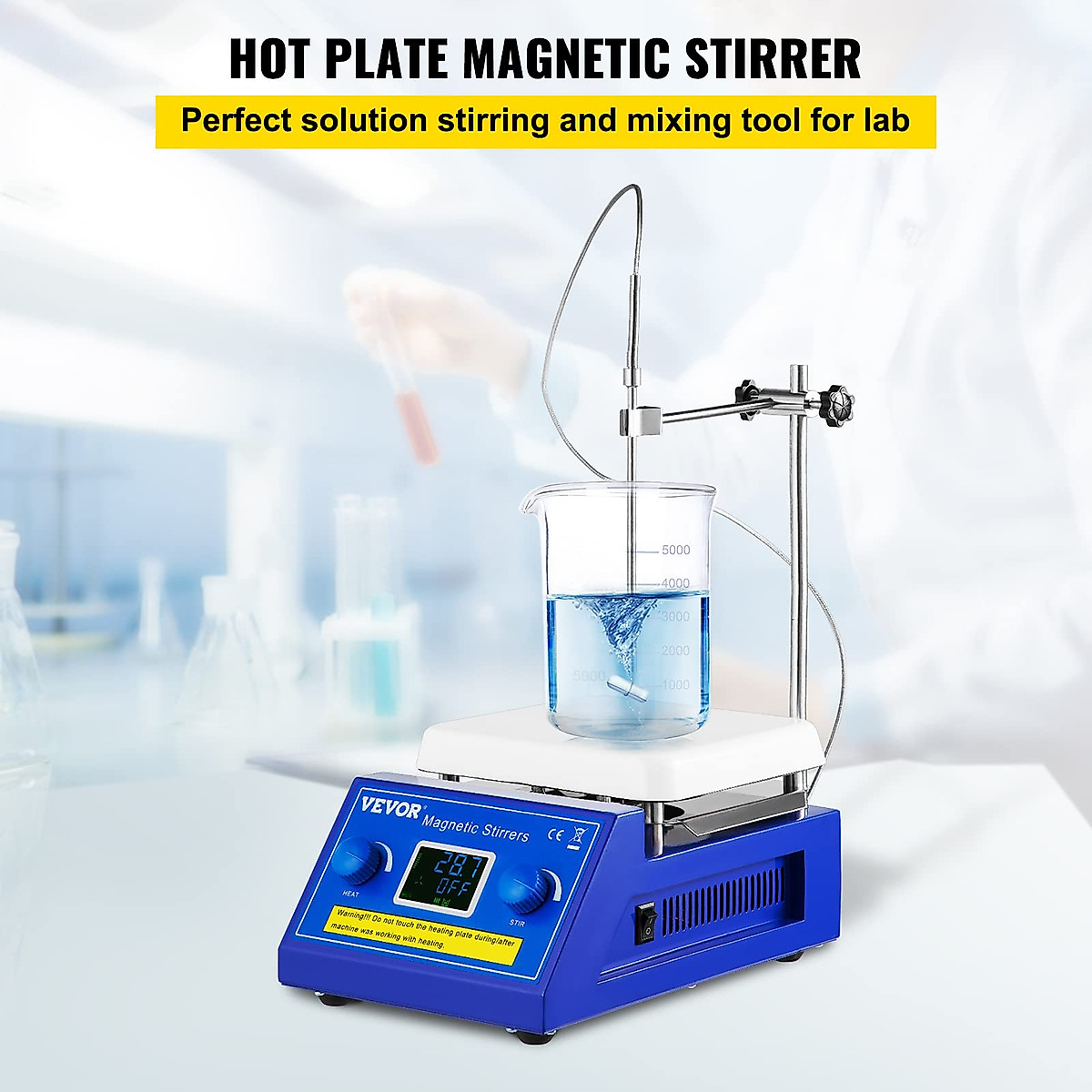 VEVOR Magnetic Stirrer Hot Plate, 5000ml Capacity 320°C/608°F Max Temp Ceramic Coated Lab Stirrer 200-2000RPM Digital Magnetic Stirrer with Support Stand, Temp Probe Sensor and Stirring Bar